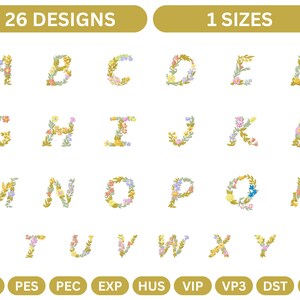 26 Designs Floral Alphabet Embroidery Font Design in 1 Size , Instant ...