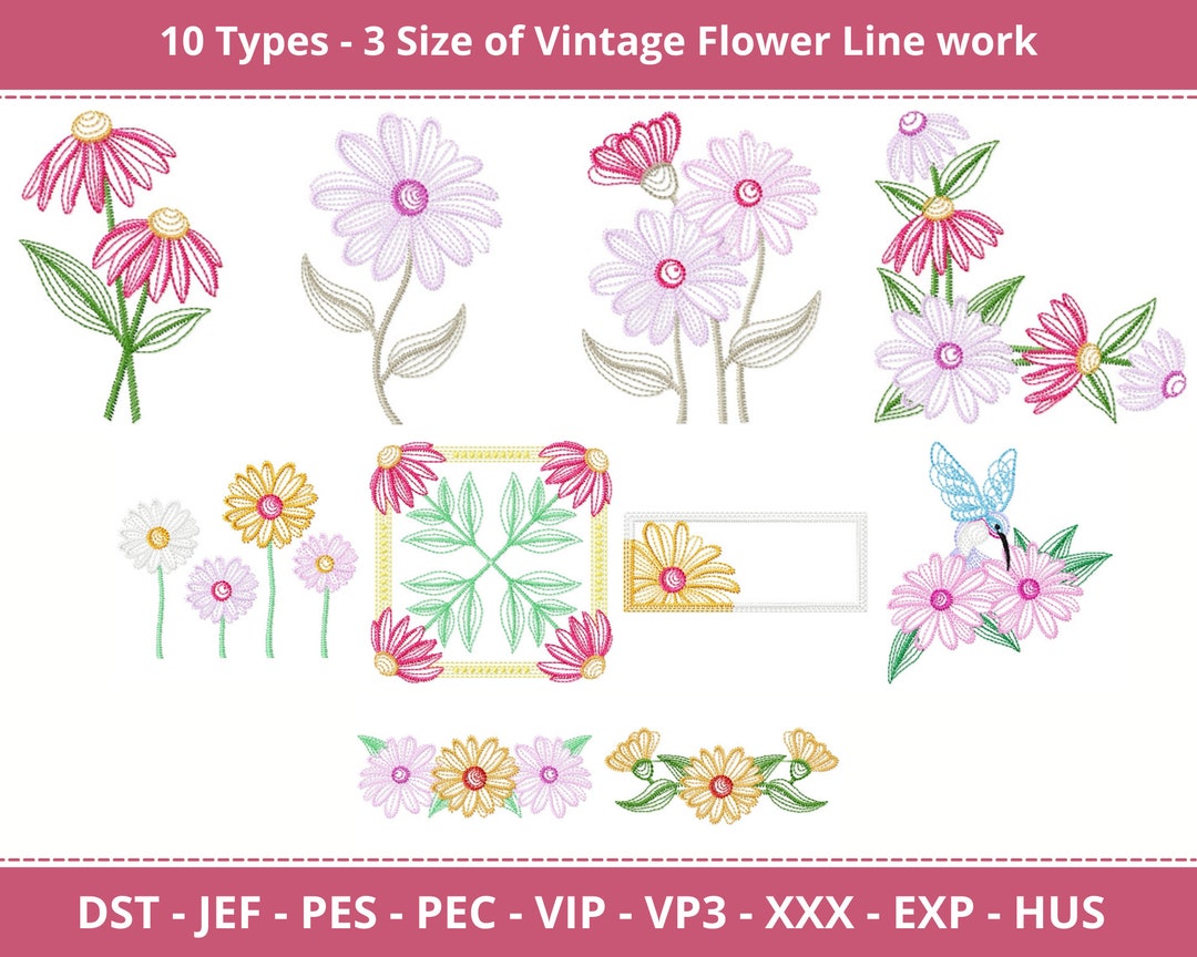 10 Design - Vintage Flower Line Work Machine Embroidery Designs – 3 ...