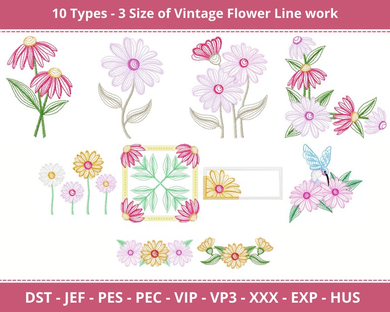 10 Design - Vintage Flower Line Work Machine Embroidery Designs – 3 ...