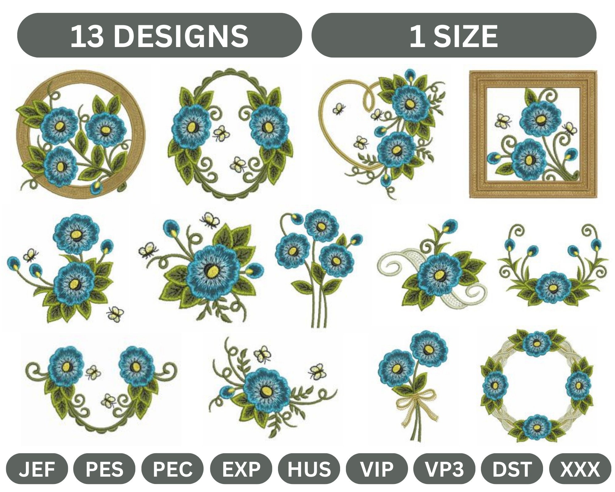 Blue Flowers Machine Embroidery Designinstant Download - Etsy