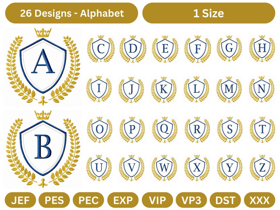Regal Alphabet Embroidery Design Set - 26 Shield Monogram Letters With ...