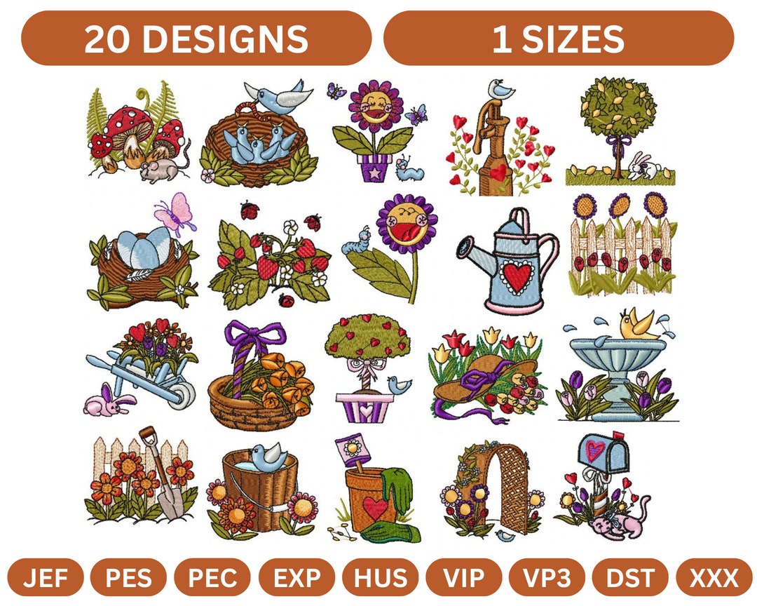 Garden Machine Embroidery Design-20 Types-1 Size-instant Download - Etsy