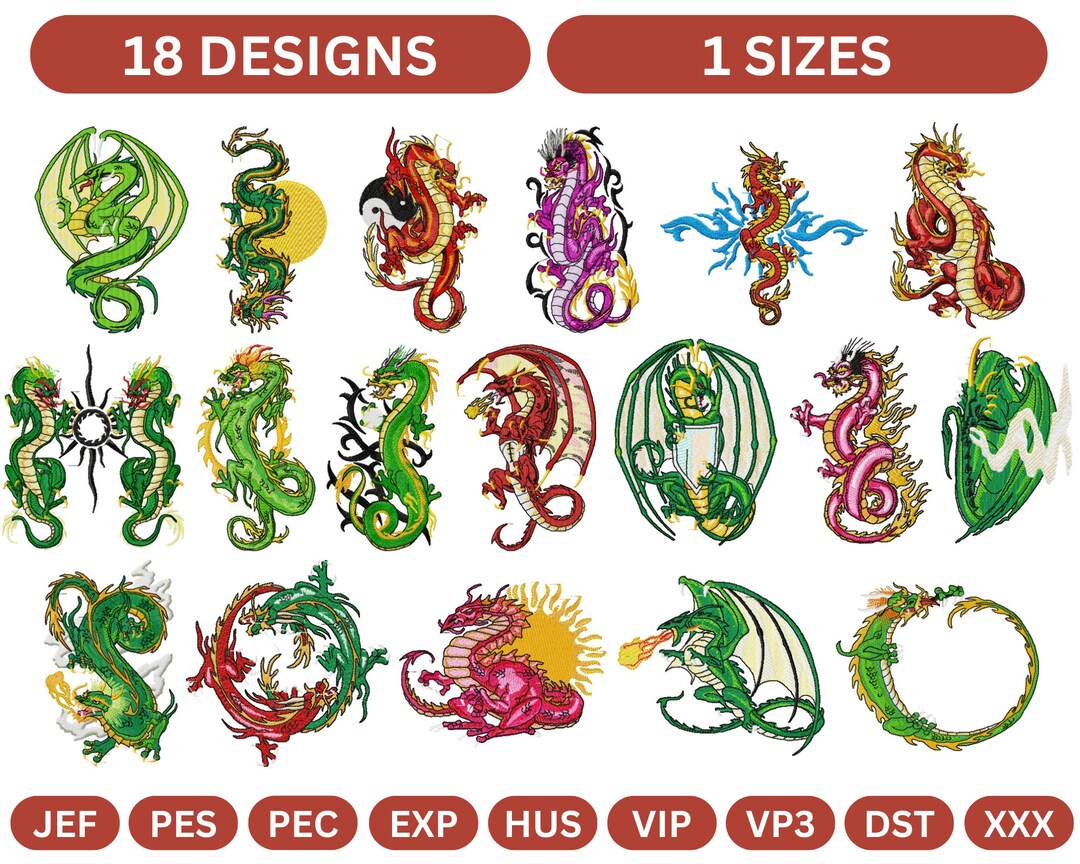 Dragon Embroidery Design Bundle, 8 Formats, Instant Download - Etsy