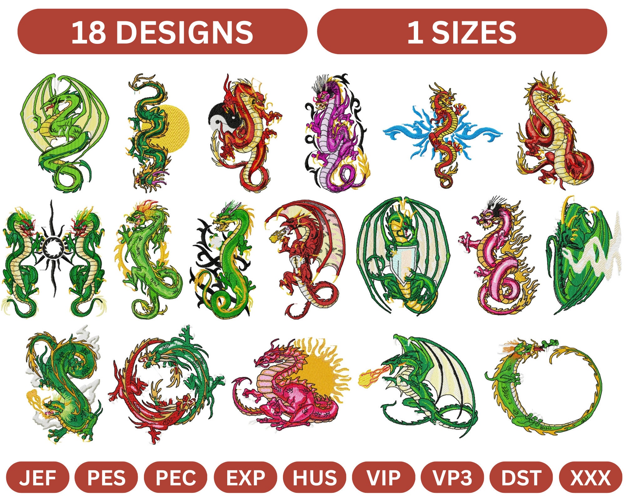 Dragon Embroidery Design Bundle, 8 Formats, Instant Download - Etsy