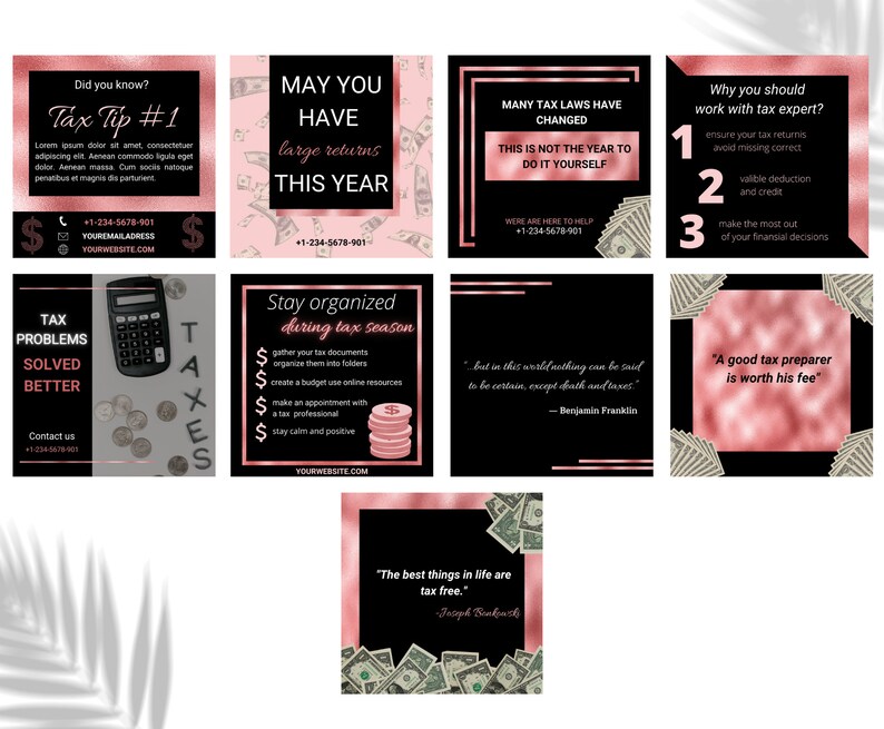 Tax Prep Instagram Post Templates, Black Pink Glam Design (canva) - Etsy