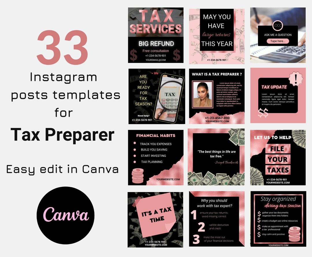 Tax Prep Instagram Post Templates, Black Pink Glam Design (canva) - Etsy