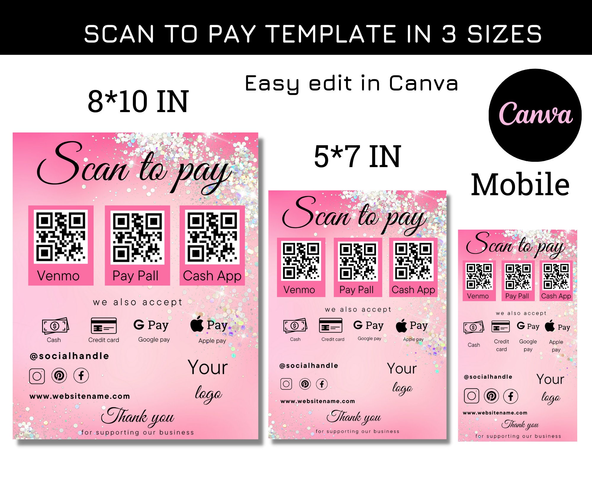 Scan to Pay Template, Scan to Pay Sign, Scan to Paypal, Venmo, Cashapp ...