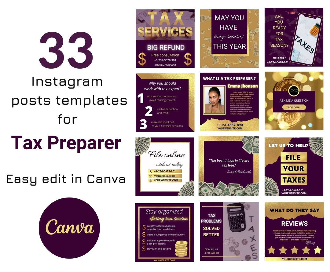 Tax Preparer Instagram Post Templates, Purple Gold, Canva (PDF) - Etsy