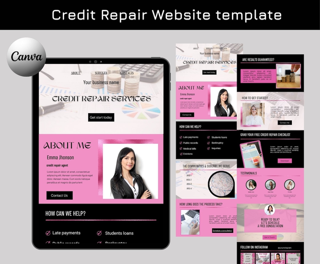 Pink Credit Repair Website Template, Canva Editable (digital Download ...