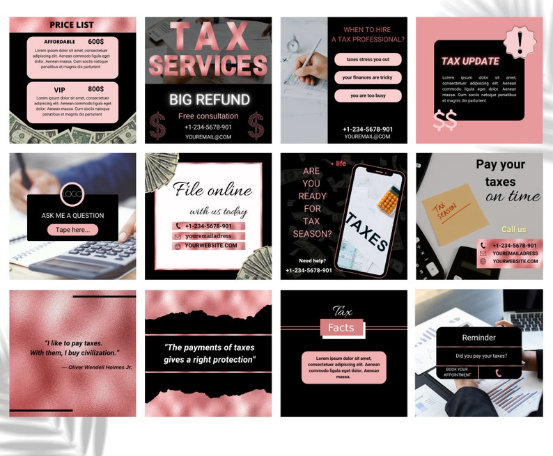 Tax Prep Instagram Post Templates, Black Pink Glam Design (canva) - Etsy