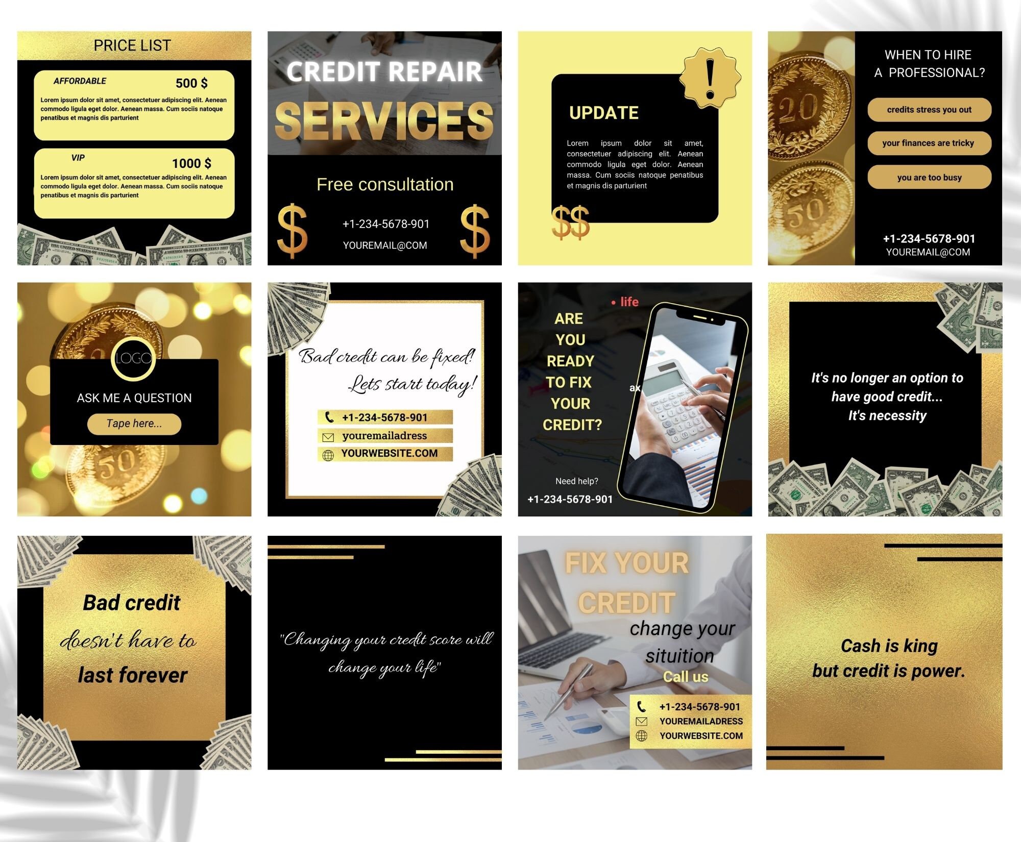 Credit Repair Flyer, Social Media Credit Repair Templates Black Gold ...