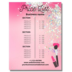 Makeup Artist Price List Template Pink, Beauty Salon Pricelist Editable ...