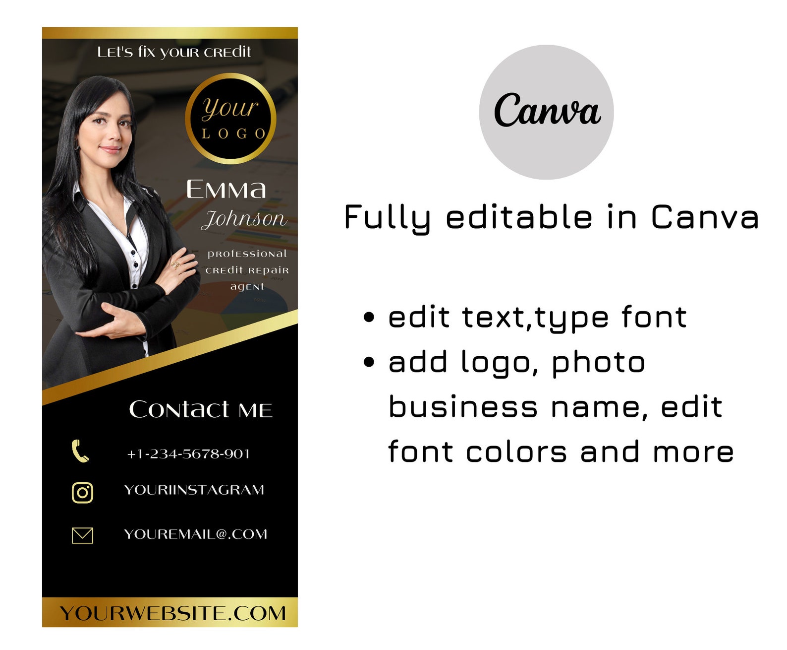 DIY Credit Repair Retractable Banner Template, Black Gold (editable ...