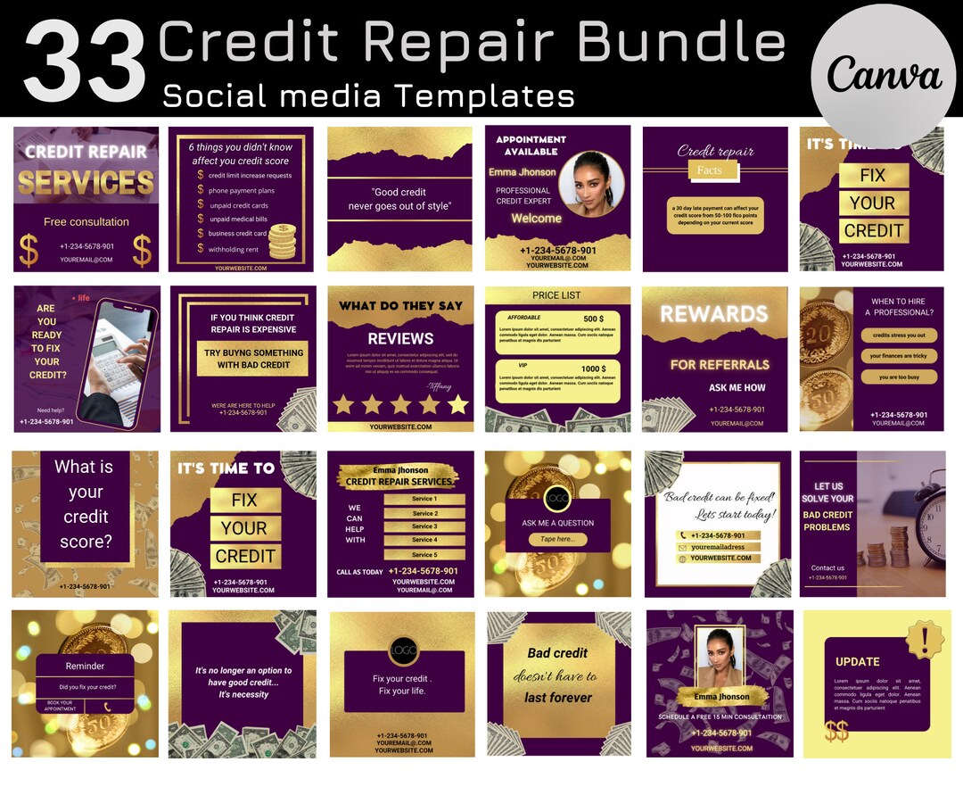 Credit Repair Templates, Credir Repair Flyer, Purple Gold, Credit ...