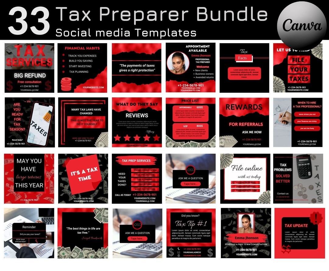 Tax Preparer Instagram Templates, Black and Red Social Media (canva) - Etsy