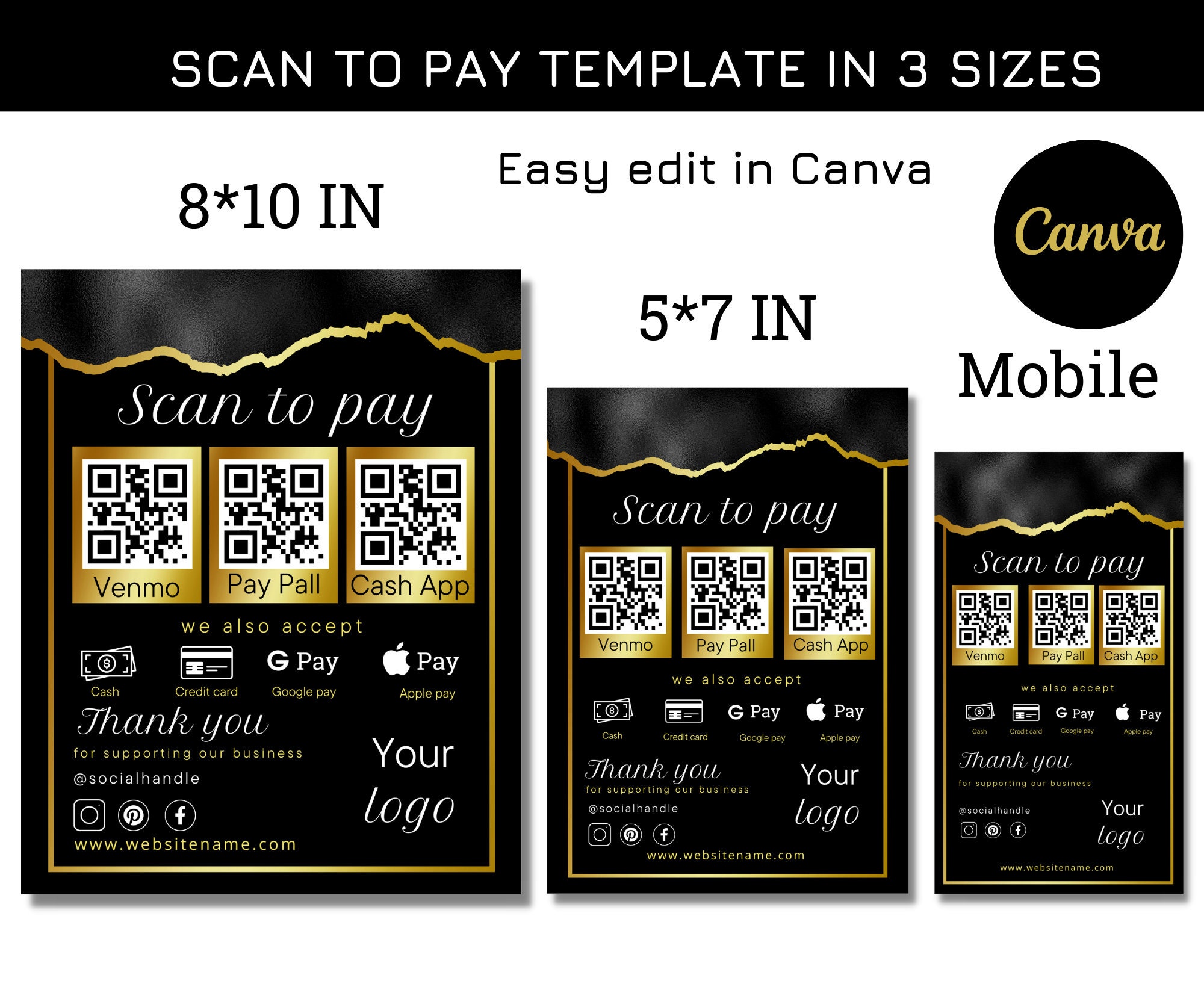 Scan to Pay Template, Black Gold, Scan to Pay Sign, QR Payment Sign ...