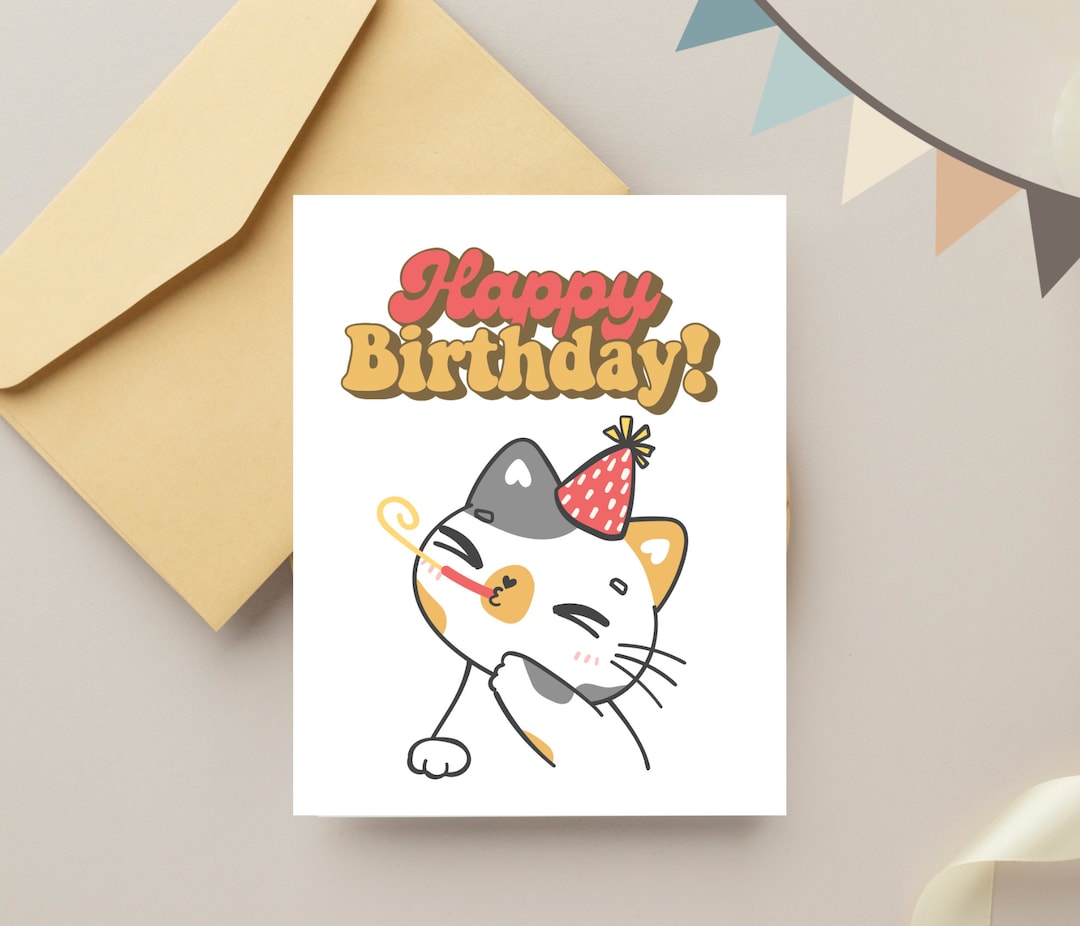 Printable Cat Theme Happy Birthday Greeting Card, 4.25 X 5.50 Inches ...
