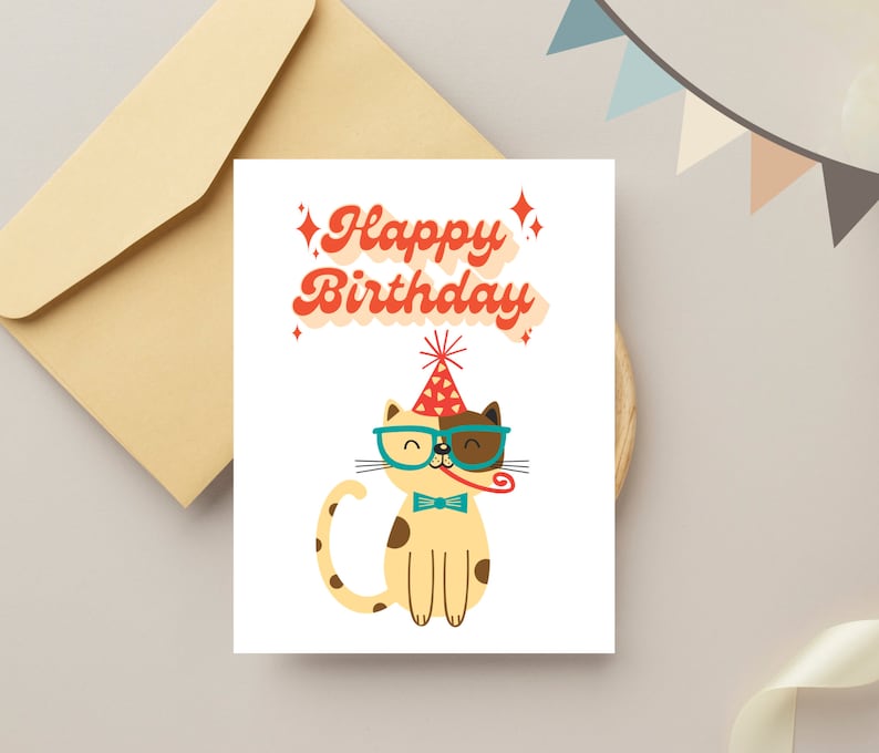 Printable Happy Birthday Greeting Card, 4.25 X 5.50 Inches, Cat Theme ...