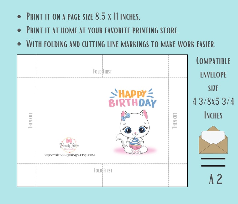 Printable Cat Theme Happy Birthday Greeting Card, 4.25 X 5.50 Inches ...