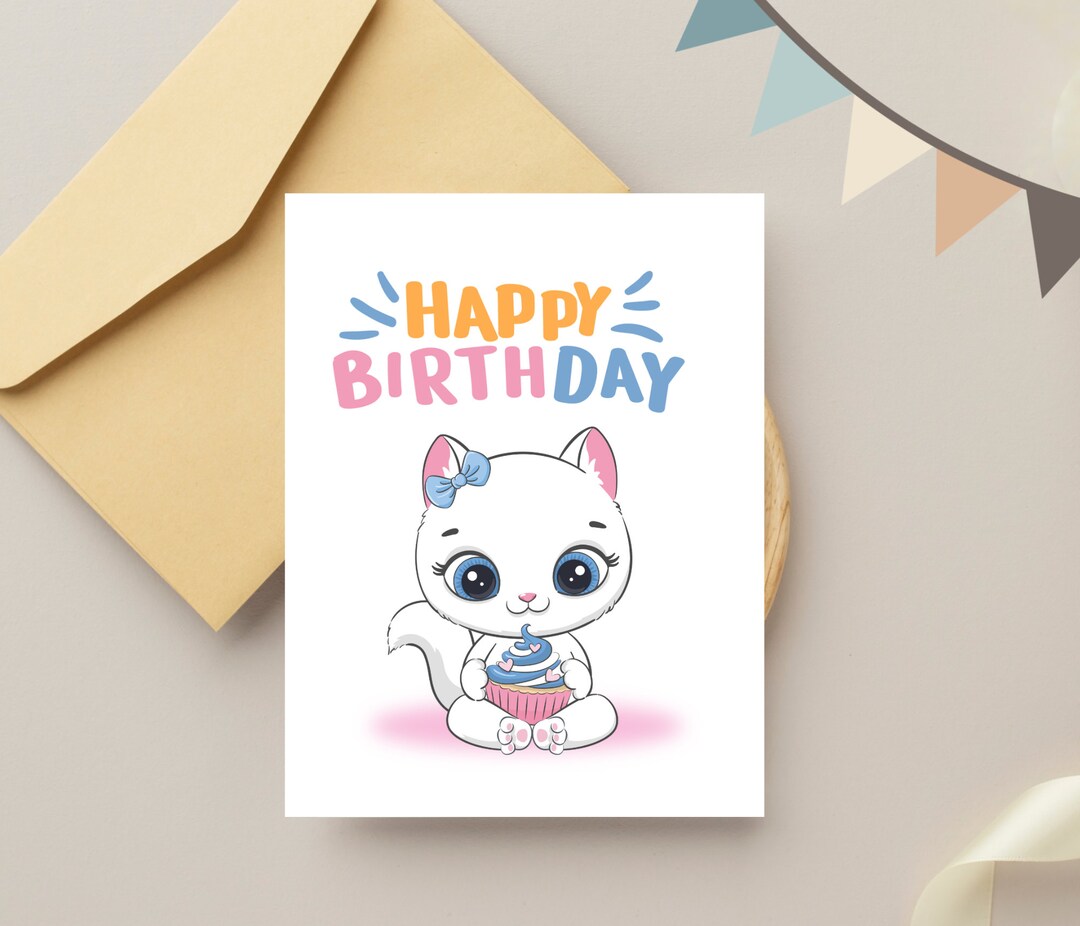 Printable Cat Theme Happy Birthday Greeting Card, 4.25 X 5.50 Inches ...