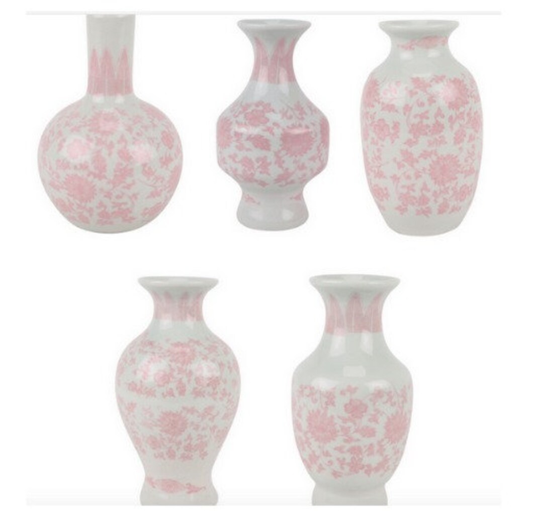 Chinoiserie Pink and White Bud Vases: Set of Five - Etsy