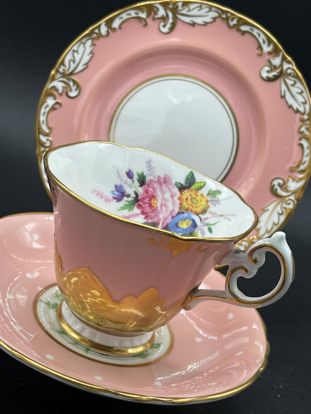 Pretty Paragon Tea Set Trio. Cup, Polka-dot Saucer and Plate. Salmon ...