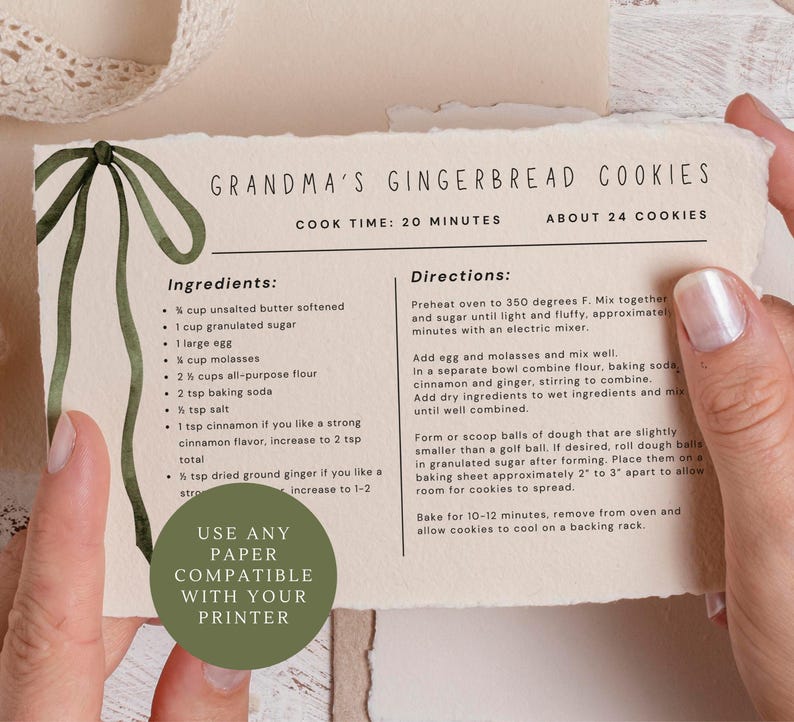 Recipe Card Template Digital Download Printable Coquette Bow Design ...