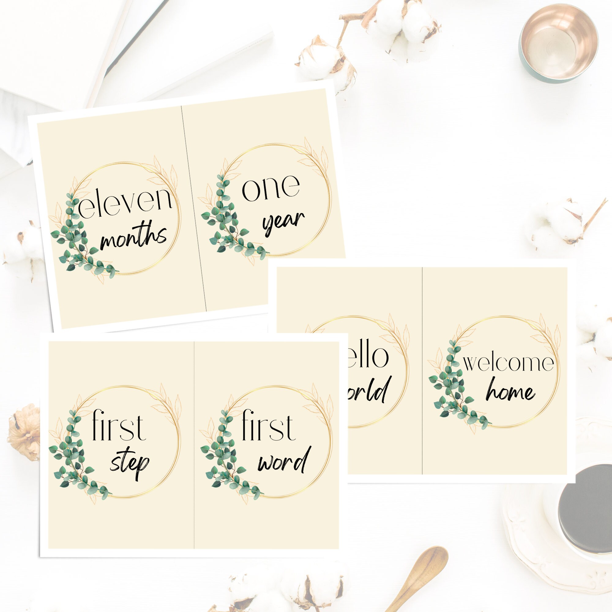 Baby Milestone Cards, Printable Gold Leaves, Milestones Baby Monthly ...