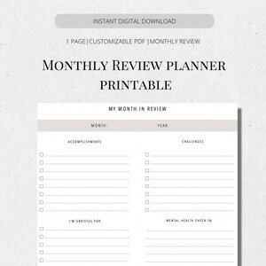 Monthly Review Printable PDF | Customizable | Planner Printable - Etsy