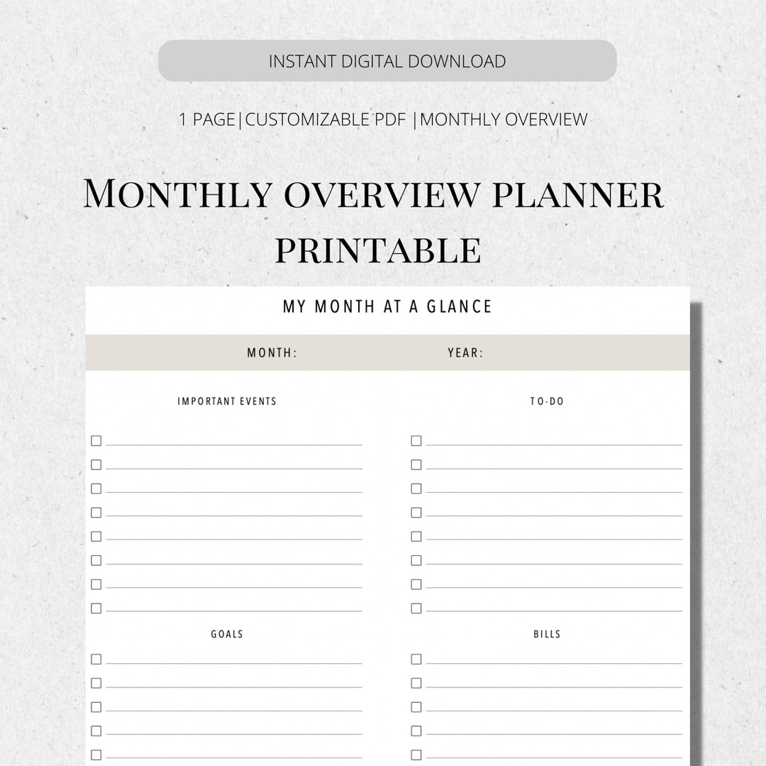 Monthly Overview Printable PDF | Customizable | Planner Printable - Etsy