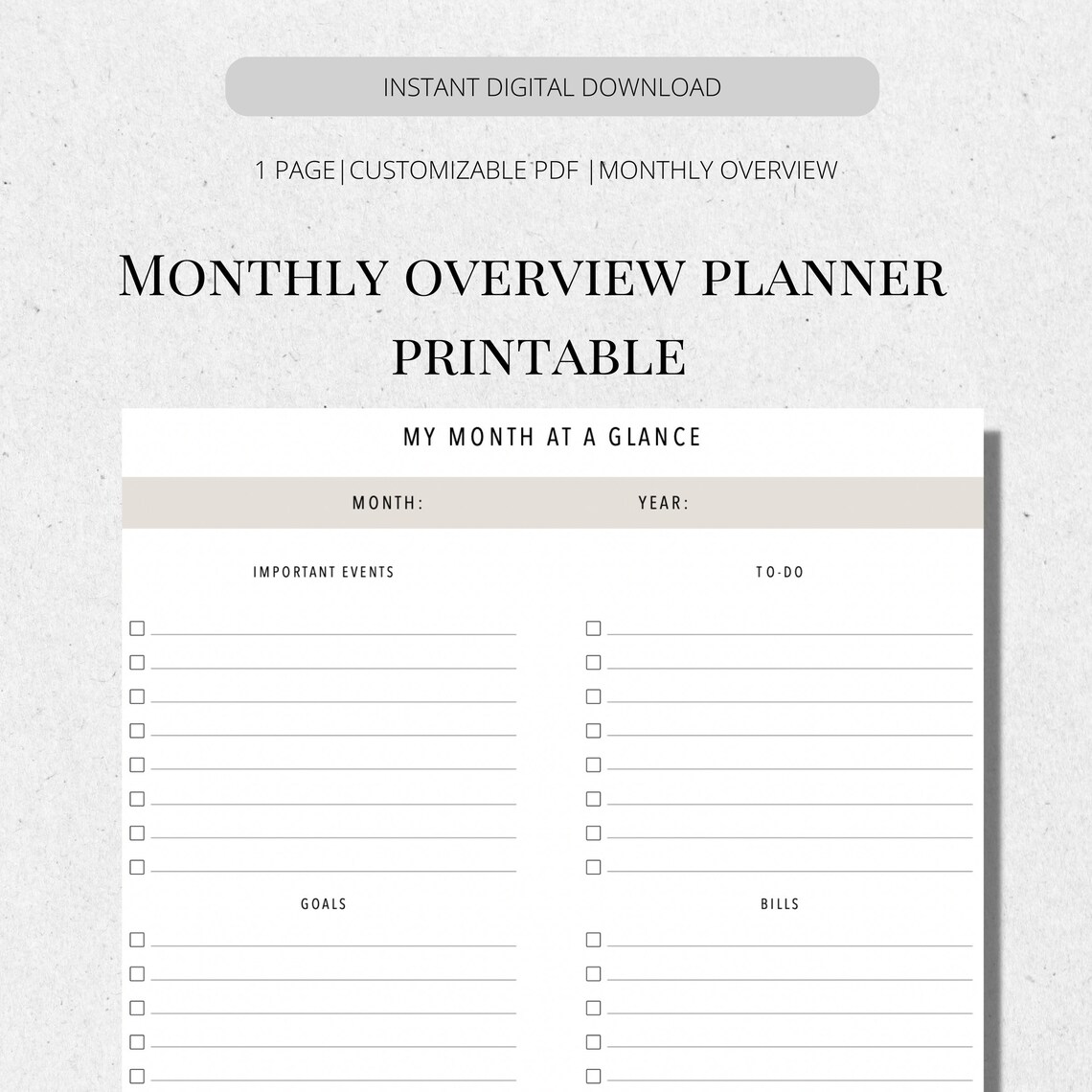Monthly Overview Printable PDF | Customizable | Planner Printable - Etsy