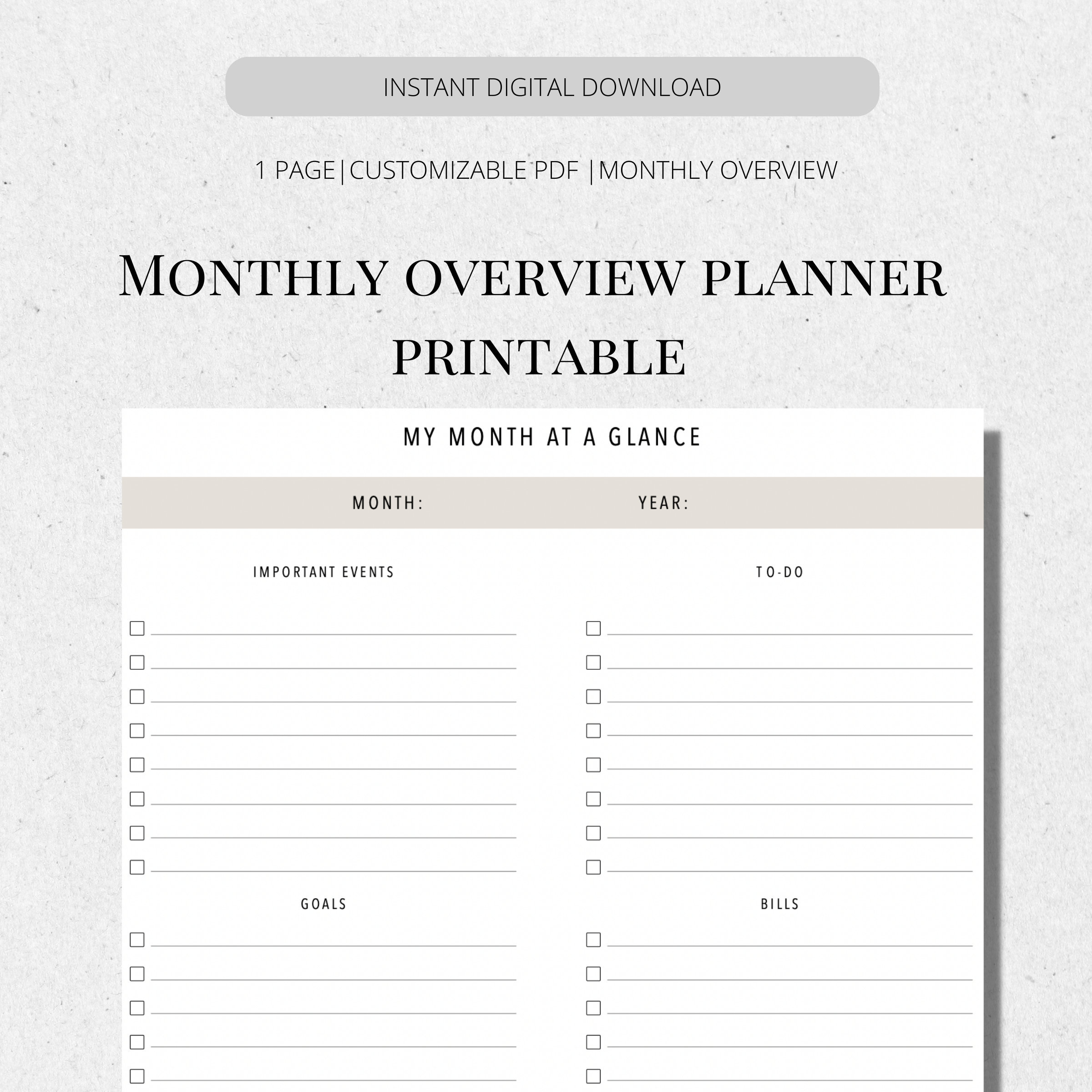 Monthly Overview Printable PDF | Customizable | Planner Printable - Etsy
