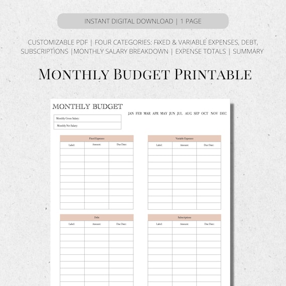 Monthly Budget Printable PDF Customizable Monthly Budget - Etsy