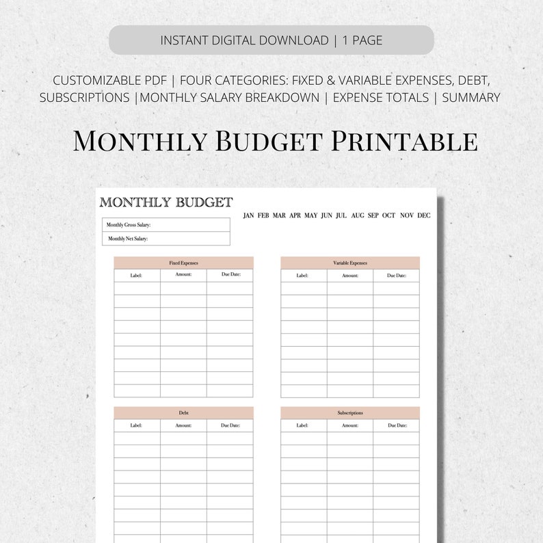 Monthly Budget Printable PDF | Customizable | Monthly Budget - Etsy