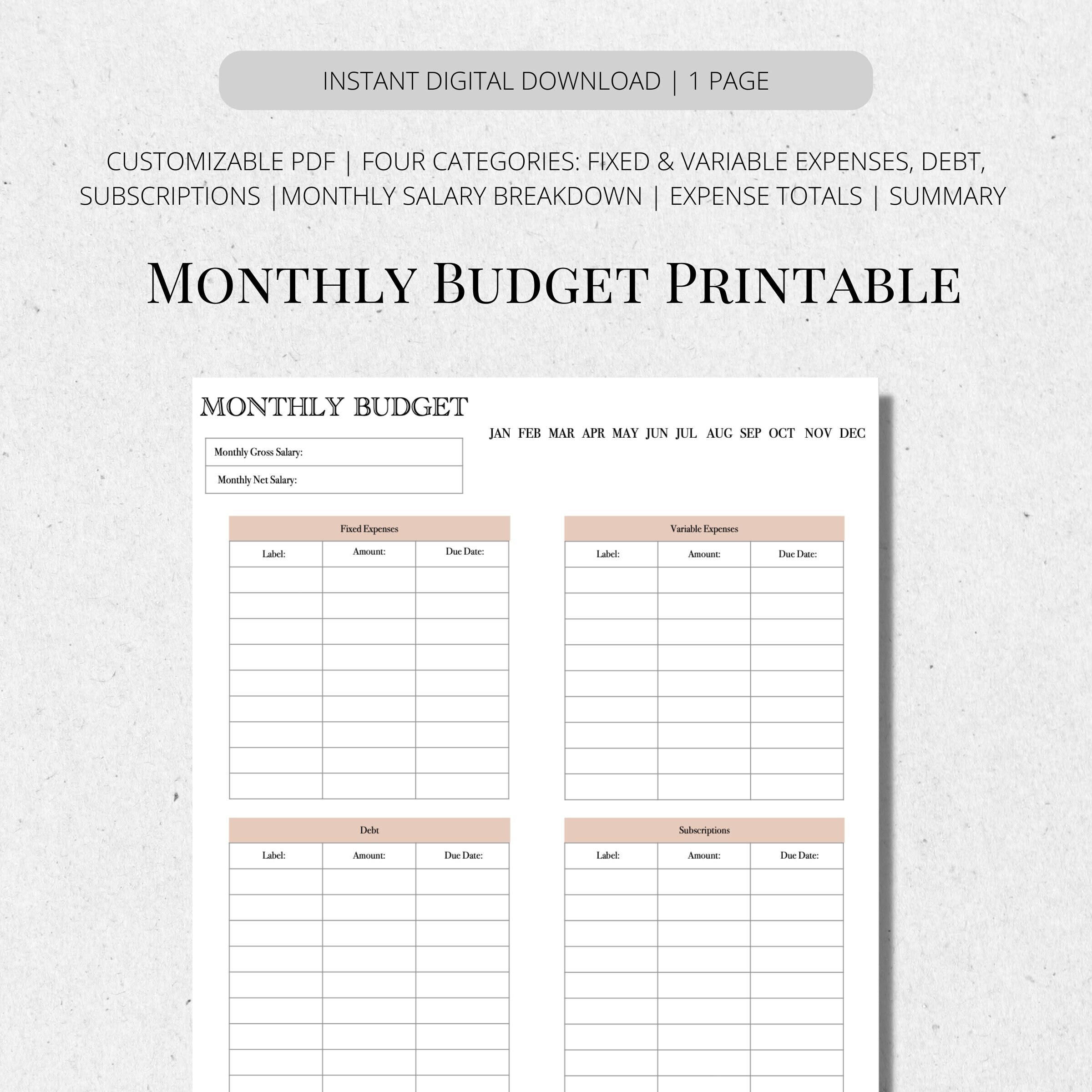 Monthly Budget Printable PDF | Customizable | Monthly Budget - Etsy