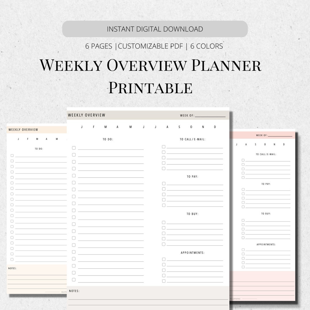 Weekly Overview Planner Printable | Customizable | Undated | Printable ...