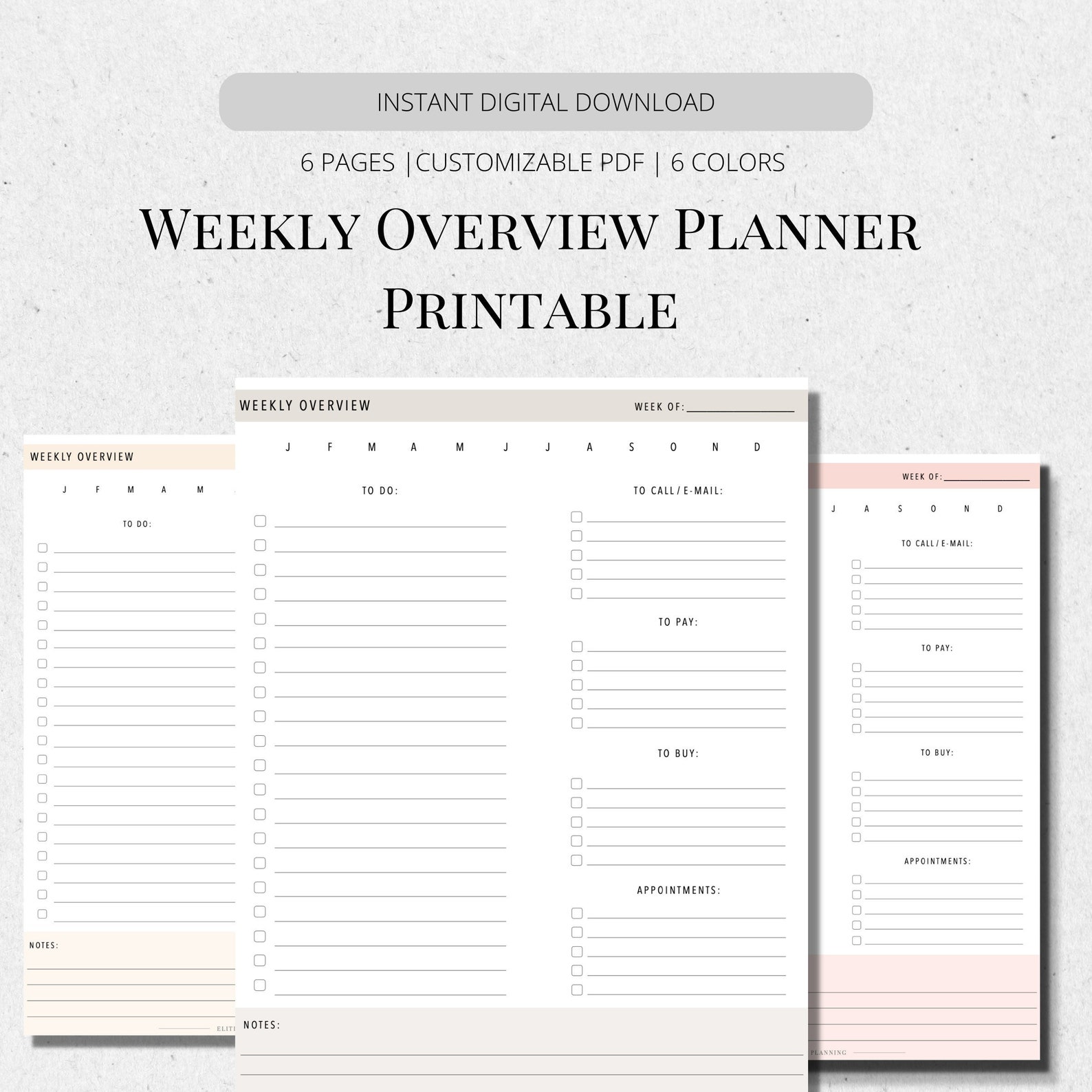 Weekly Overview Planner Printable | Customizable | Undated | Printable ...