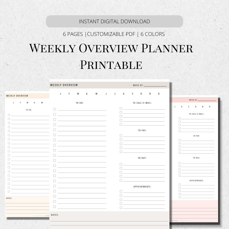 Weekly Overview Planner Printable | Customizable | Undated | Printable ...