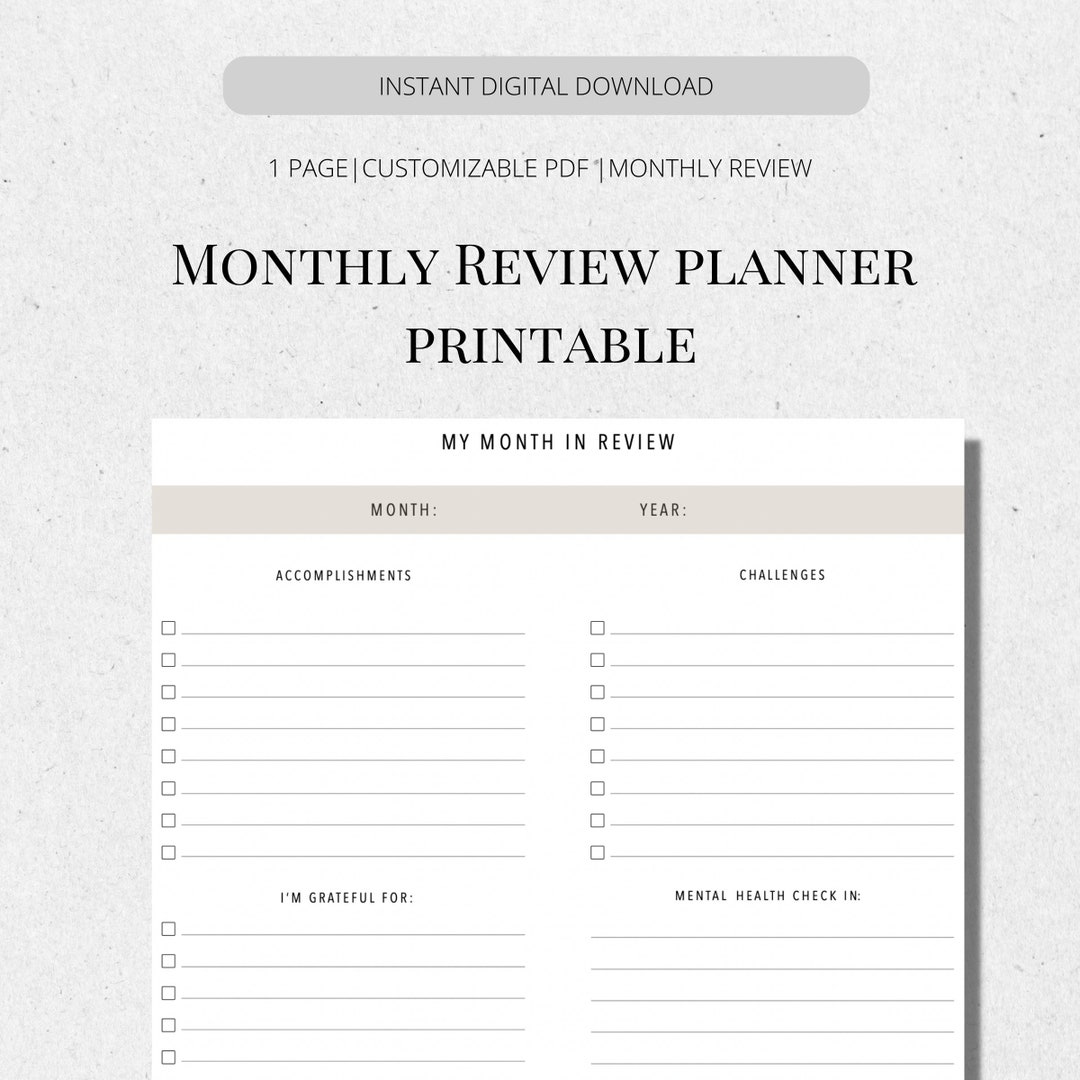 Monthly Review Printable PDF | Customizable | Planner Printable - Etsy