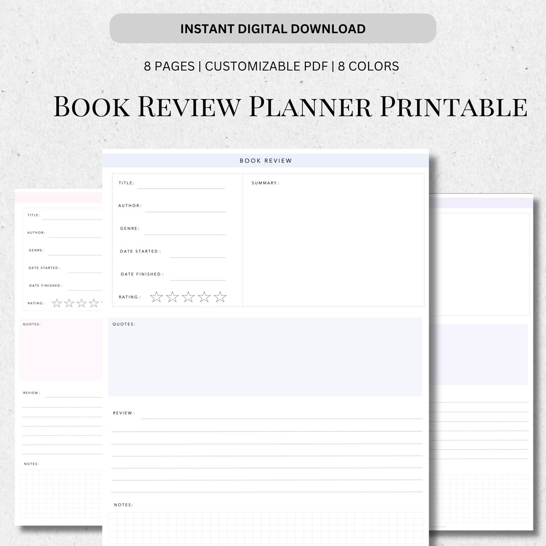 Book Review Planner Printable | Customizable | Book Review Template - Etsy