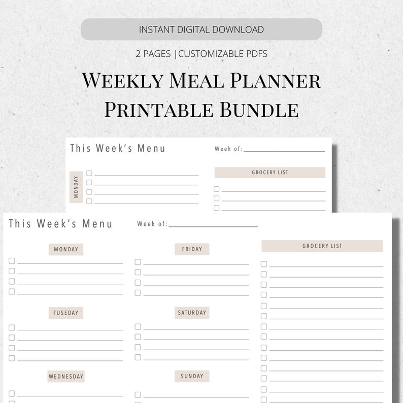 Weekly Meal Planner Printable Bundle | Customizable | Undated - Etsy