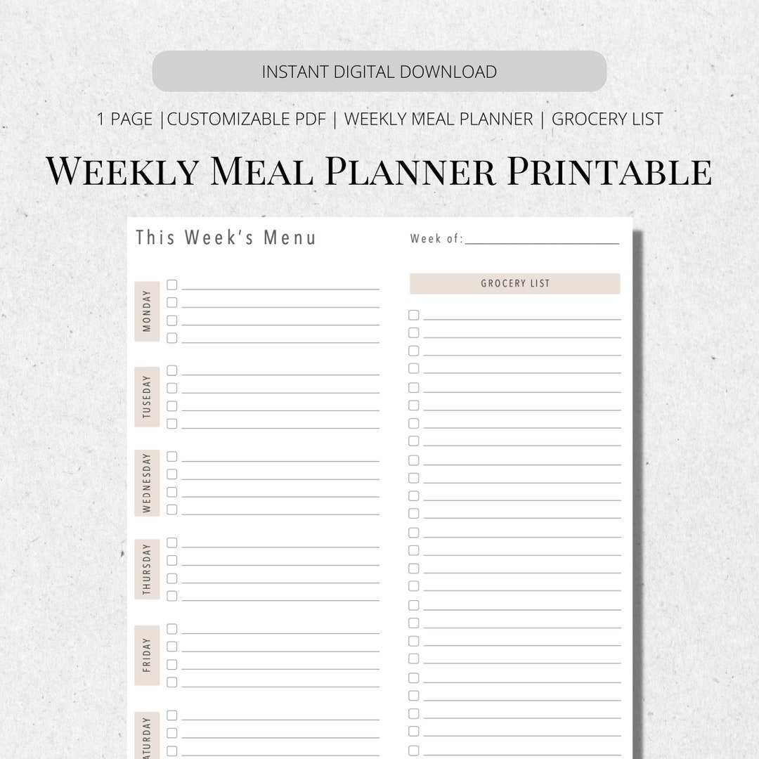 Weekly Meal Planner Printable | Customizable PDF | Undated | Vertical ...