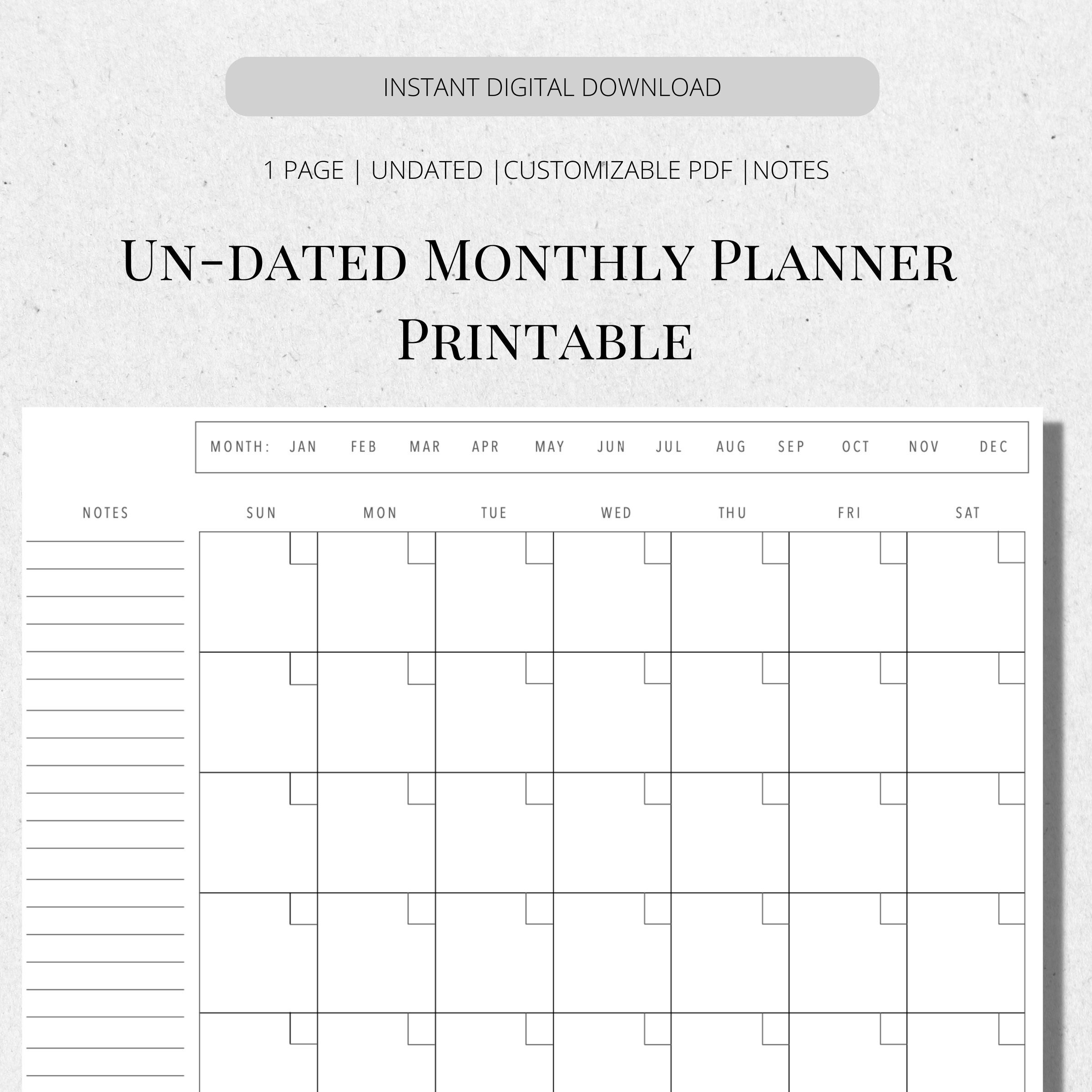 Monthly Planner Printable PDF | Undated | Customizable | Minimalist - Etsy
