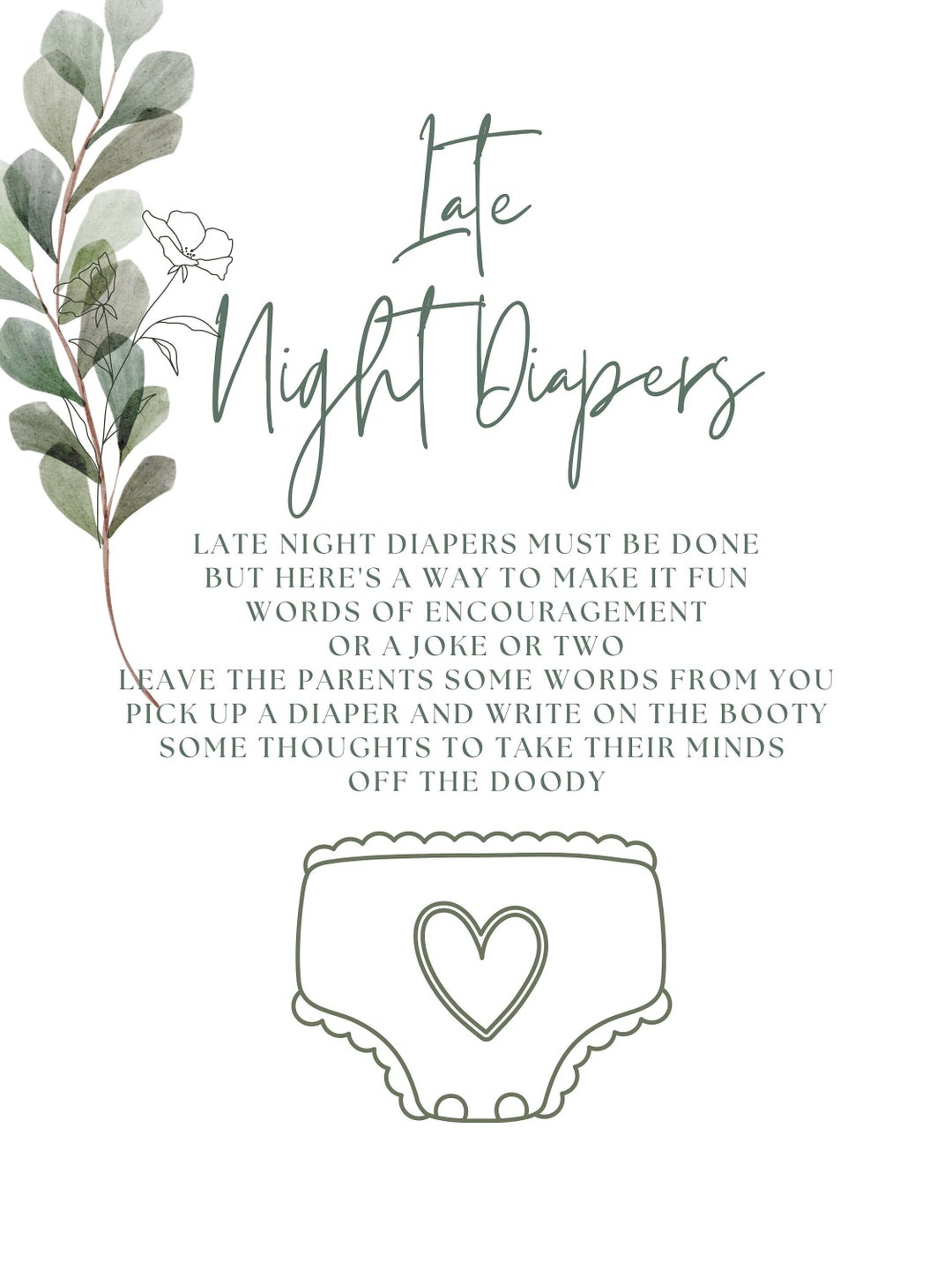 Late Night Diaper Message Sign, Instant Download, Botanical Baby Shower ...