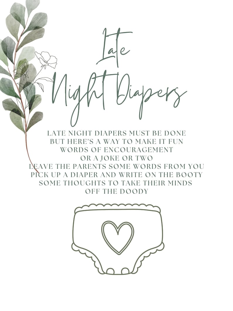 Late Night Diaper Message Sign, Instant Download, Botanical Baby Shower ...