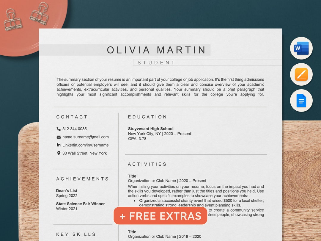 Minimalist College Resume Template: Student CV, Cover Letter (microsoft ...