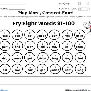 Fry Sight Words Connect Four Game | Reading Center (PDF Pattern) - Etsy