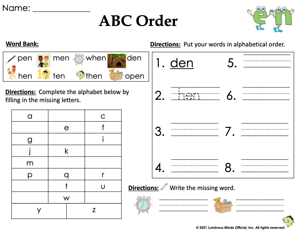 Word Family Activity Pack: the “_en” Family - Etsy