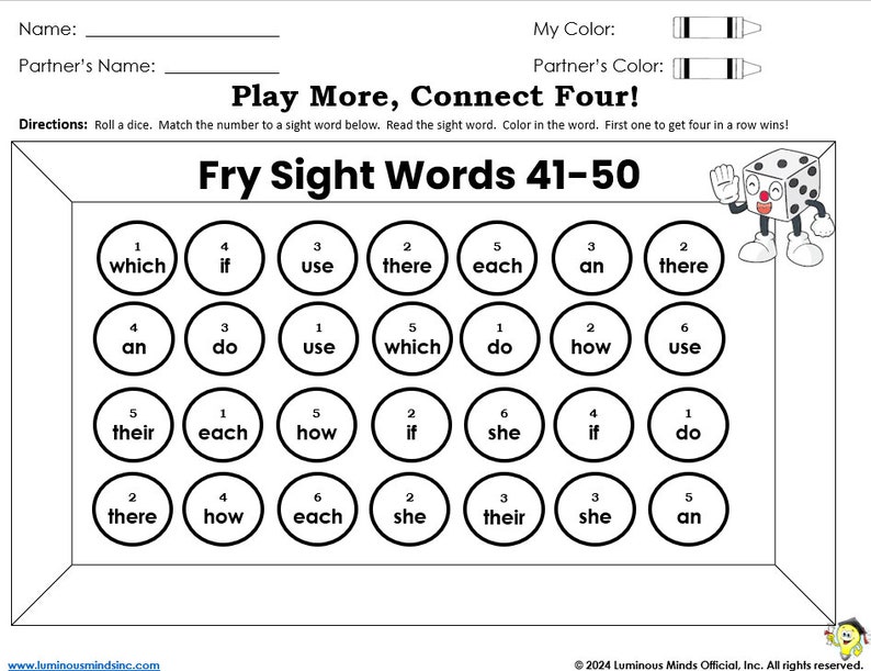 Fry Sight Words Connect Four Game | Reading Center (PDF Pattern) - Etsy