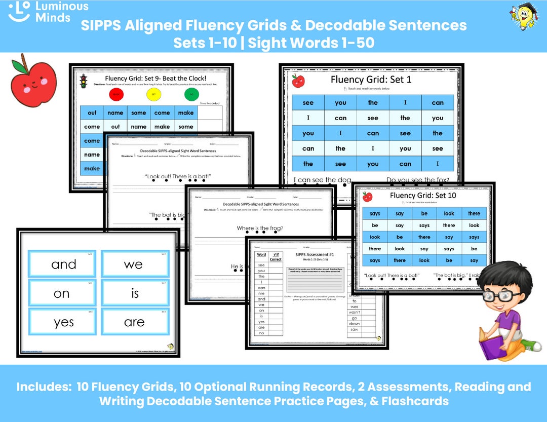 Sipps-aligned Fluency Grids & Decodable Sentence Writing Bundle Pack ...